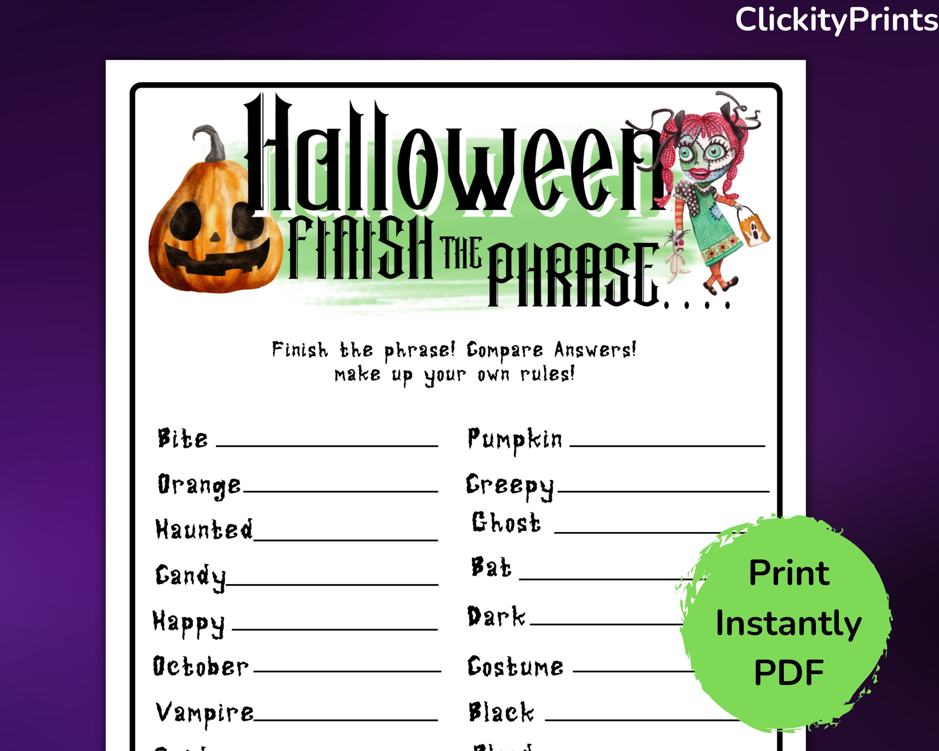 Halloween Finish the Phrase Game-halloween Party Game-spooky Party Game ...