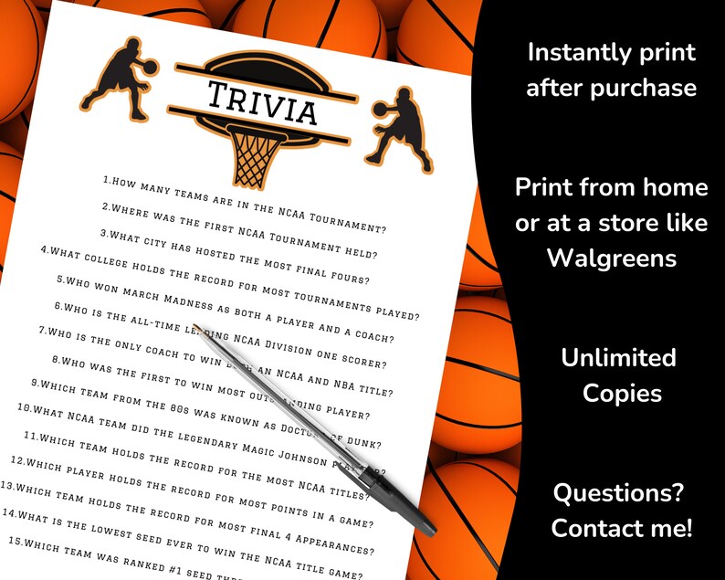 Printable March Basketball Madness Trivia & Answer Key, Party Ideas ...