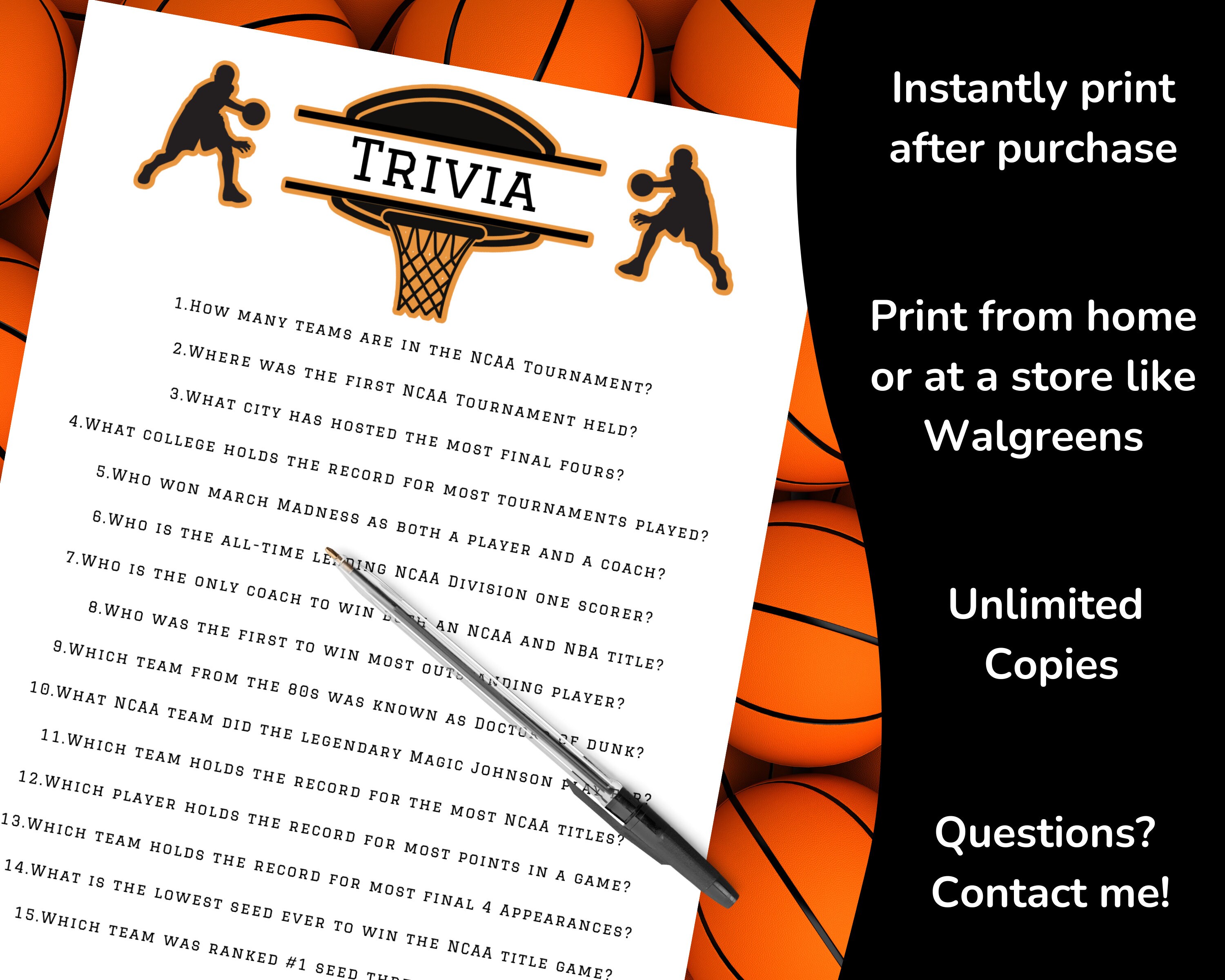 Printable March Basketball Madness Trivia & Answer Key, Party Ideas ...