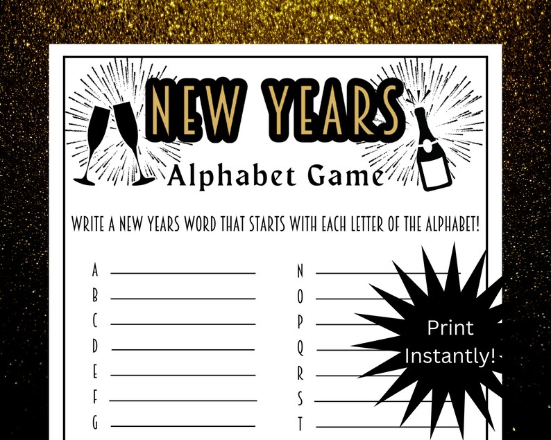 Printable New Years Eve 2023 Alphabet A-Z Game for Kids & Adults, New ...