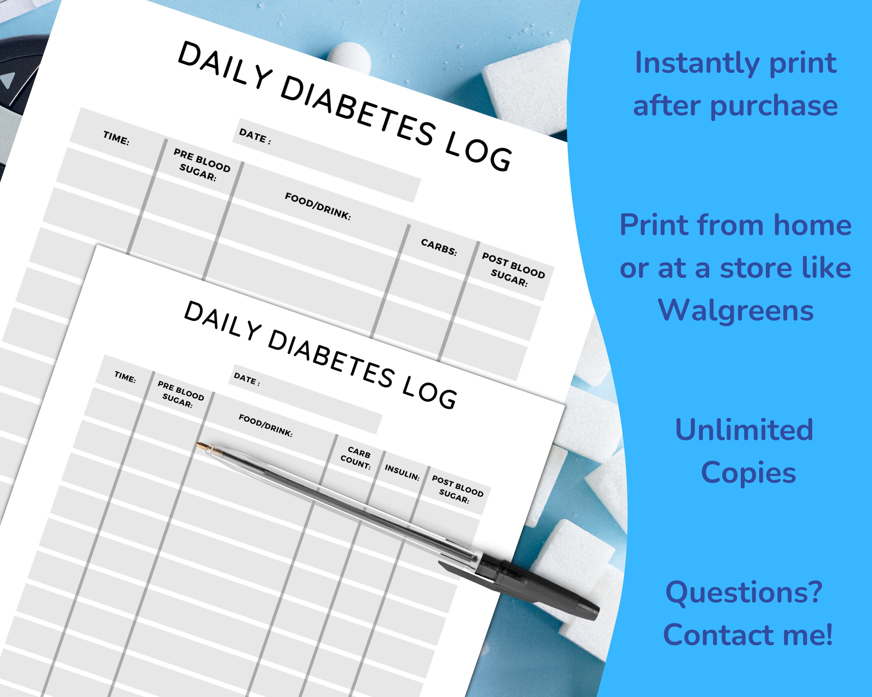 Daily Diabetes Log Tracker Planner for Blood Sugar, Carb Tracker, Type ...