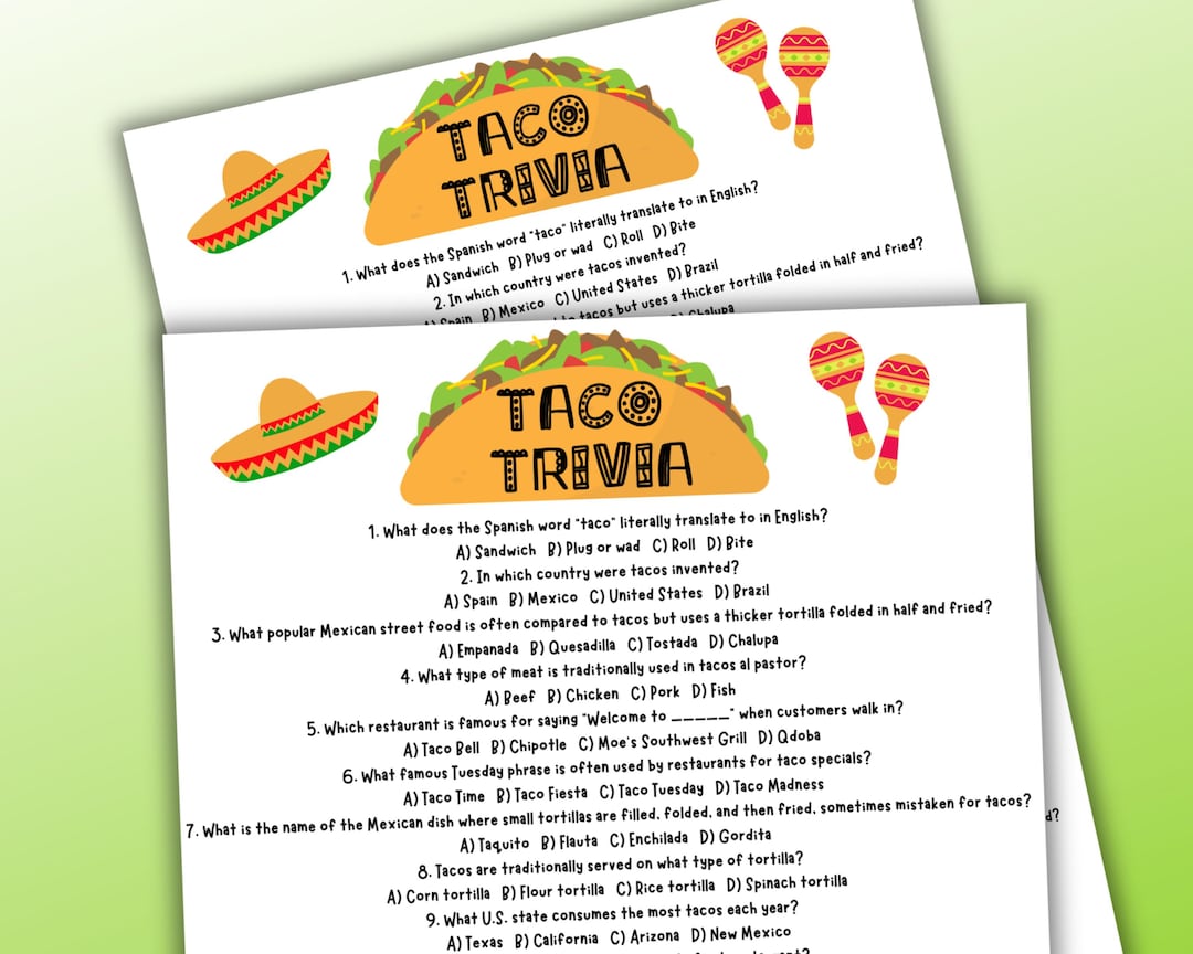 Taco Trivia Game Instant Download, Printable Taco Quiz, Taco Tuesday ...