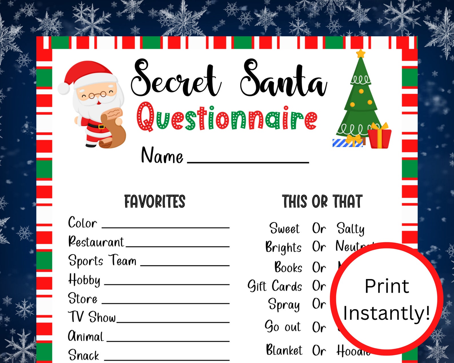 Secret Santa Survey Questionnaire for Kids Adults and Coworkers ...