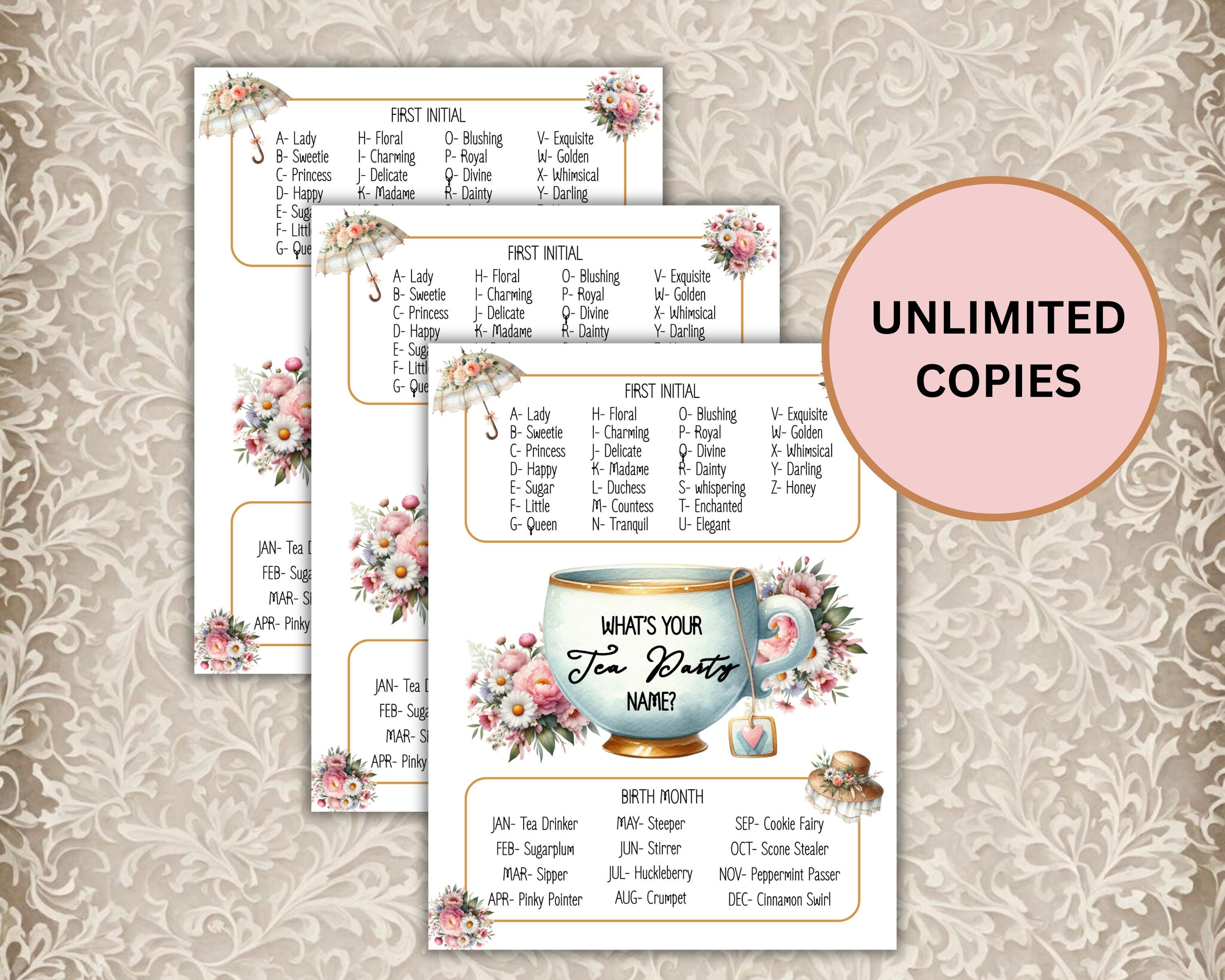 What's Your Tea Party Name, Printable Tea Time Activity, Tea Party Name ...