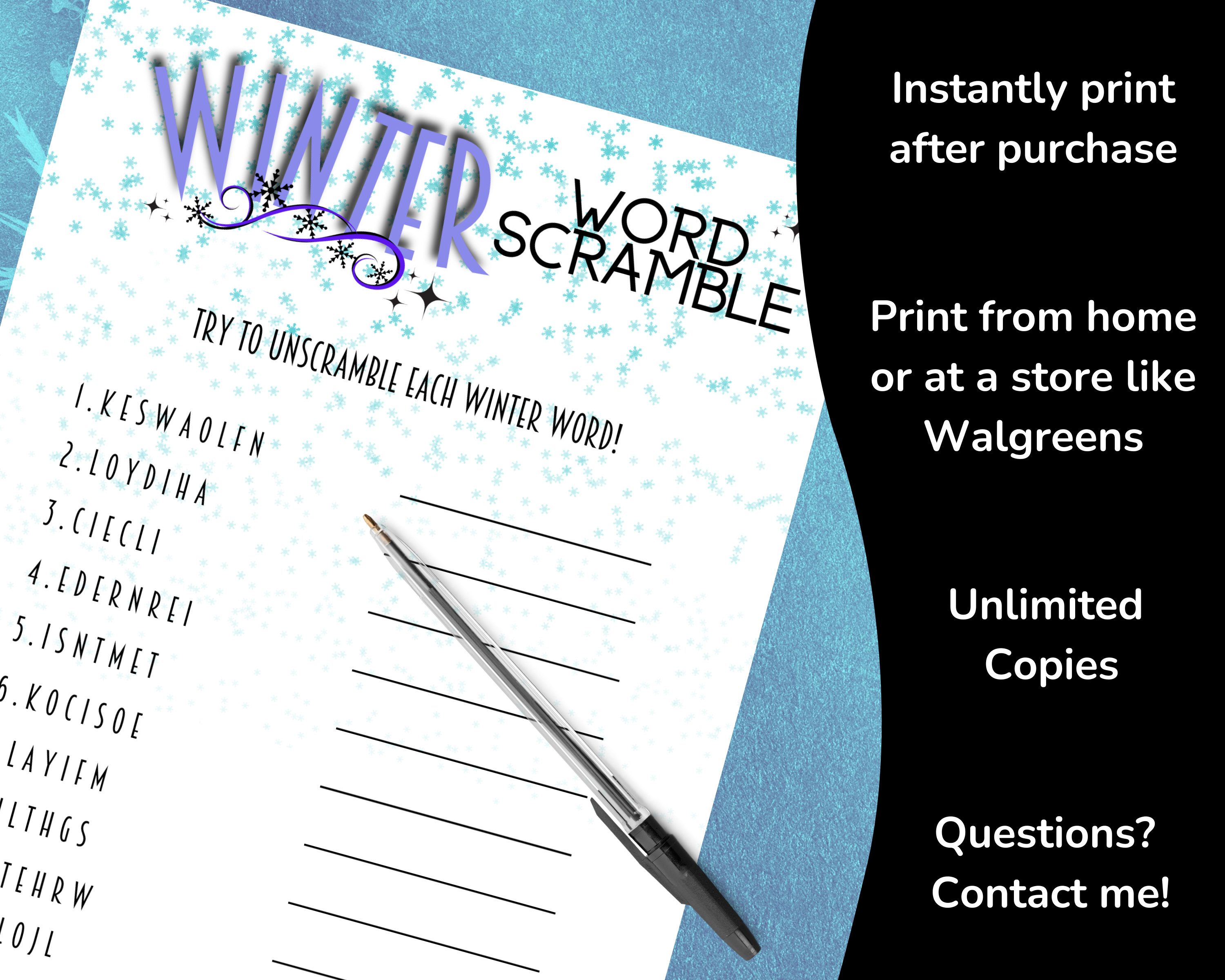 Printable Winter Word Scramble, Winter Game for Kids and Adults, School ...