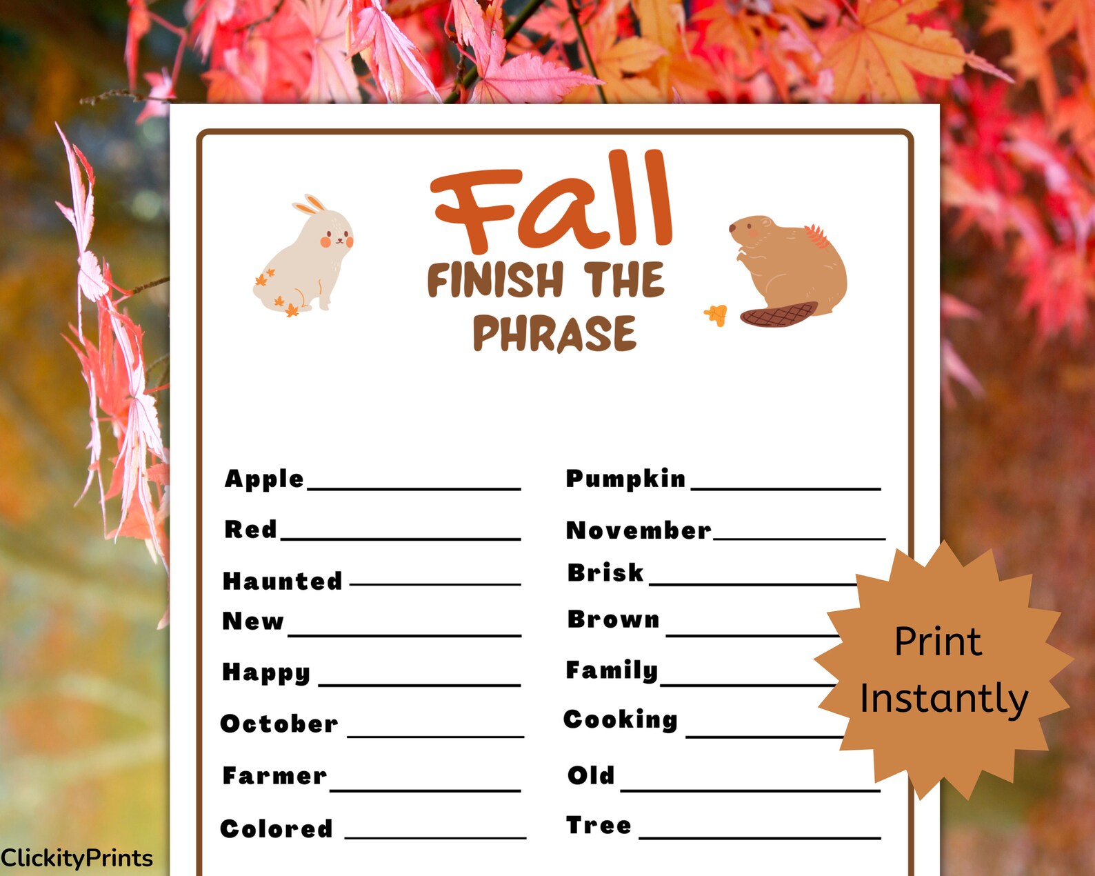 Fall Finish the Phrase-autumn Finish the Phrase-fall Family Game-autumn ...