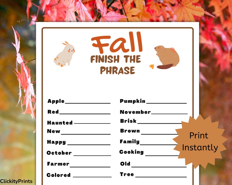 Fall Finish the Phrase-autumn Finish the Phrase-fall Family Game-autumn ...