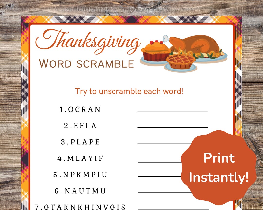 Thanksgiving Dinner Party Word Scramble Game for Kids and Adults ...