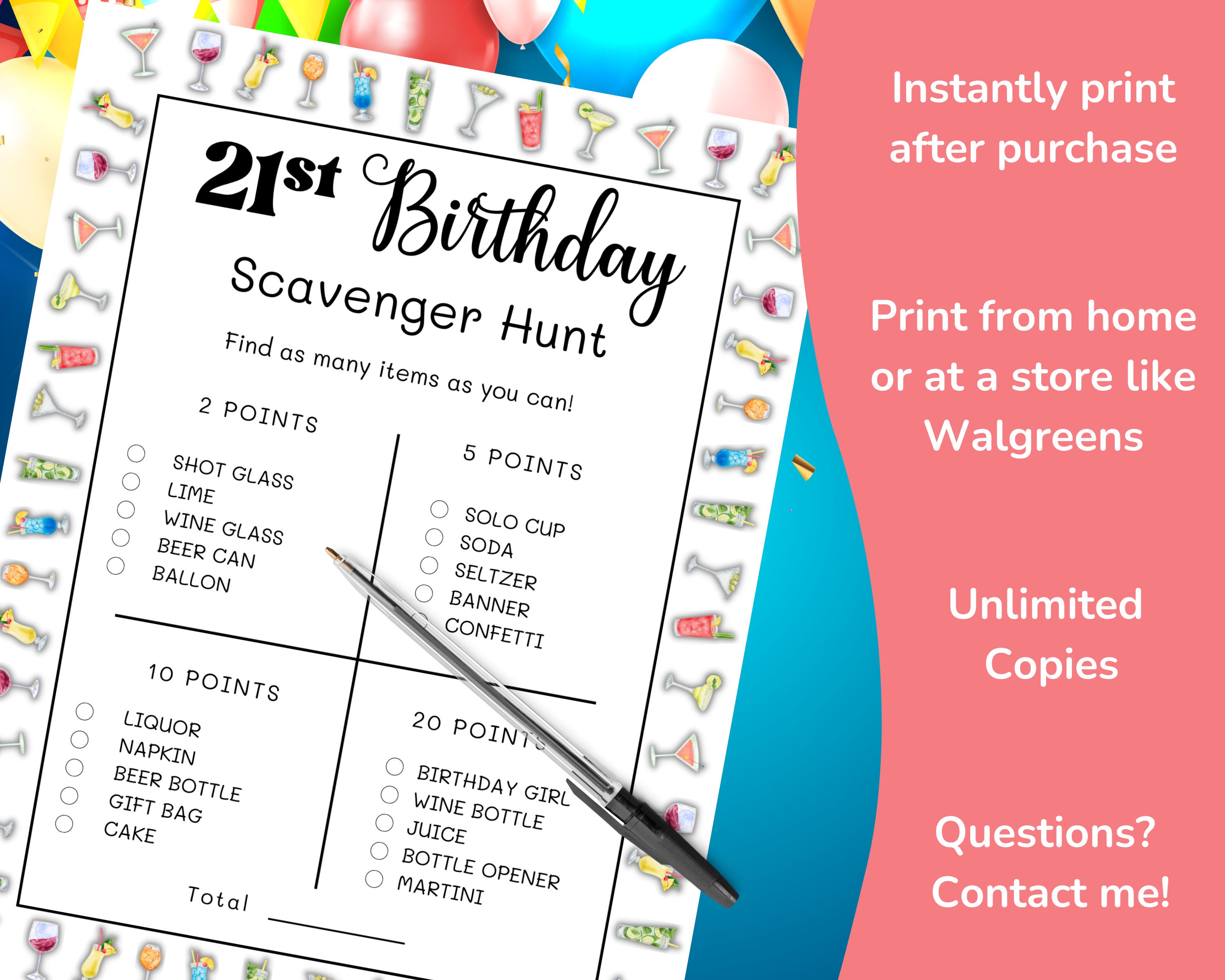 Printable 21st Birthday Scavenger Hunt Drunk Game, 21st Drinking Games ...