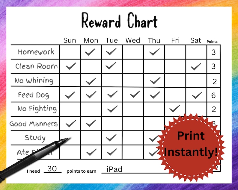 Printable Reward Chart for Kids, School Reward Chart, Visual Chart for ...