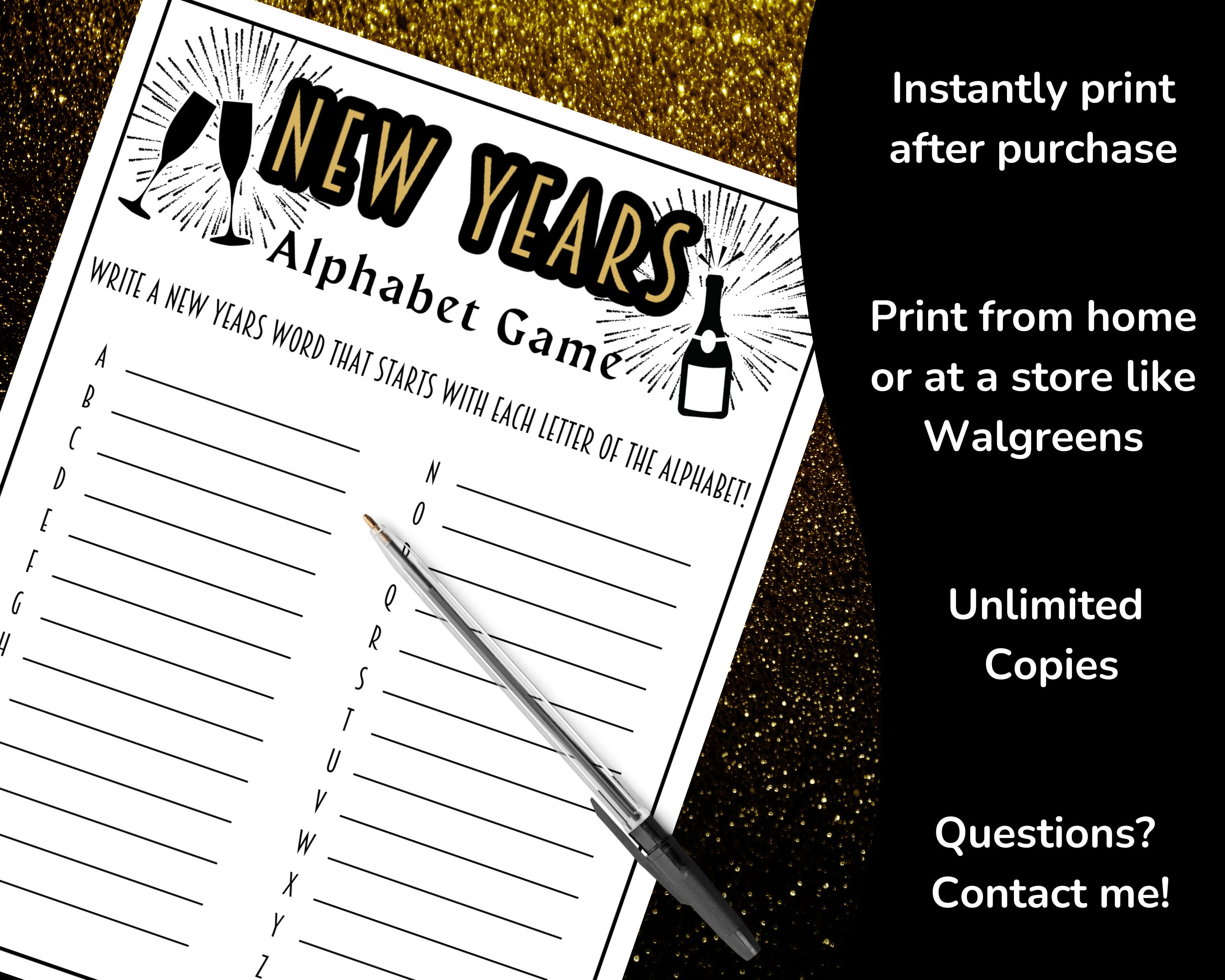 Printable New Years Eve 2023 Alphabet A-Z Game for Kids & Adults, New ...