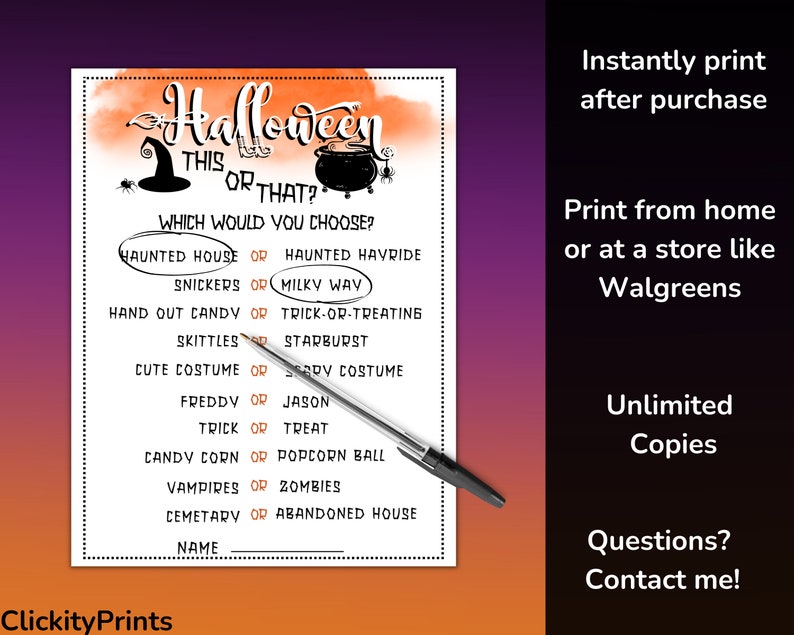 Halloween This or That Game-printable Halloween Game-halloween Party ...