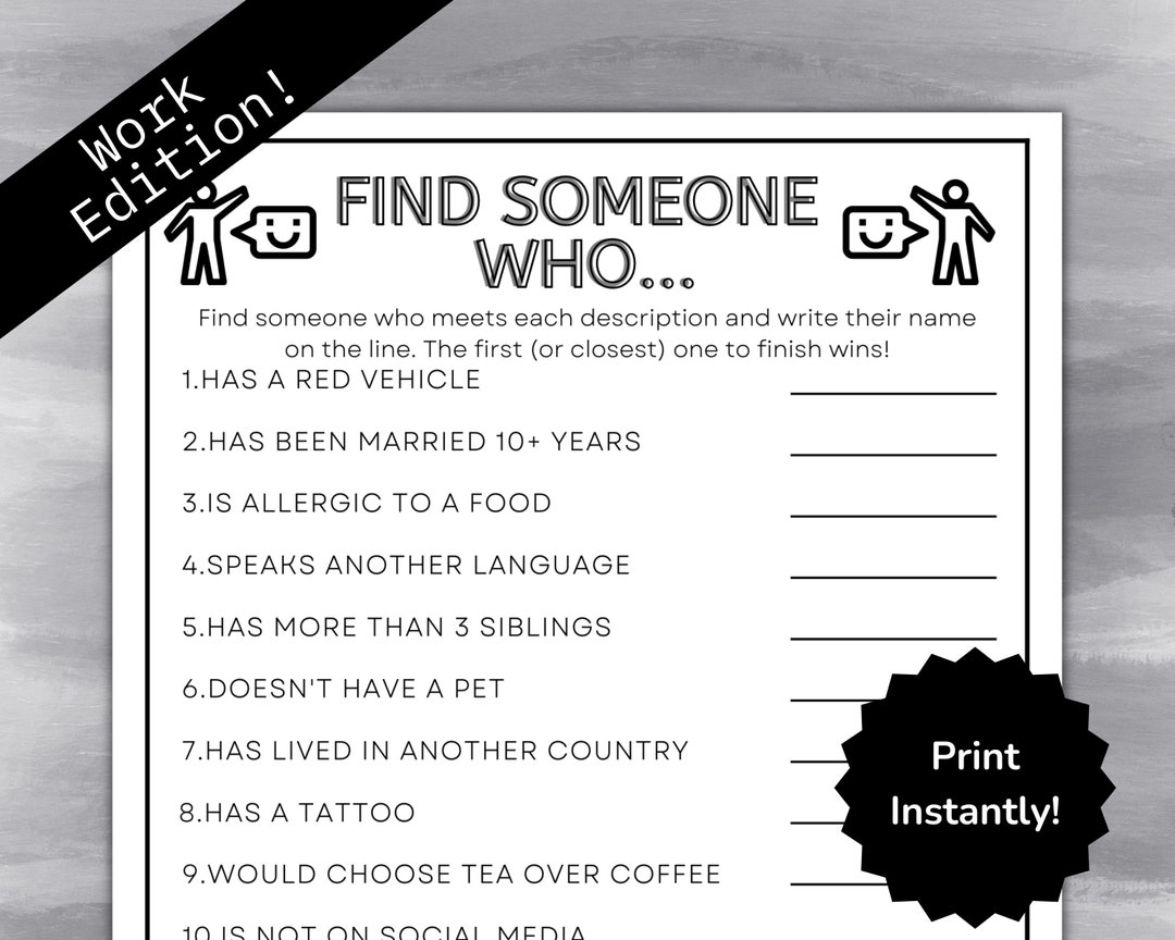 Find Someone Who Game, Party Starter Games, Icebreaker Games, Office ...