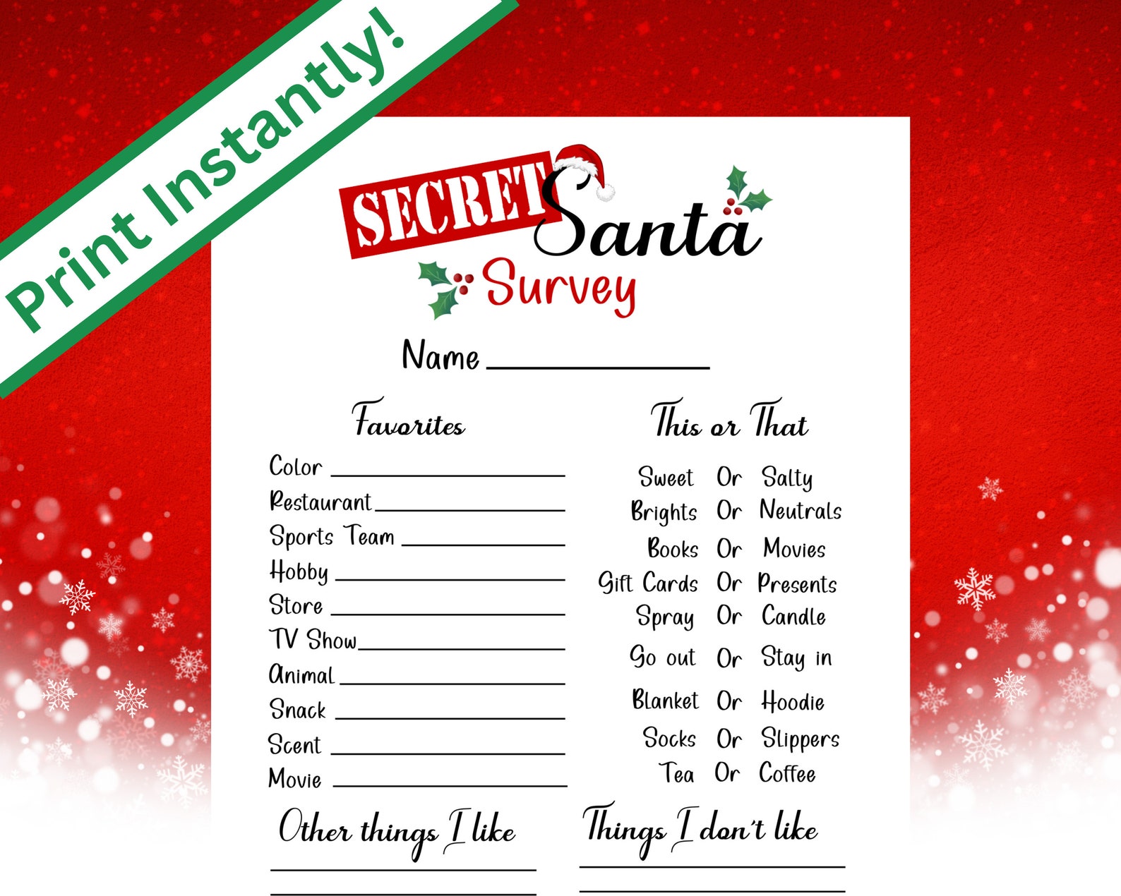 Secret Santa Survey Questionnaire for Kids Adults and Coworkers ...