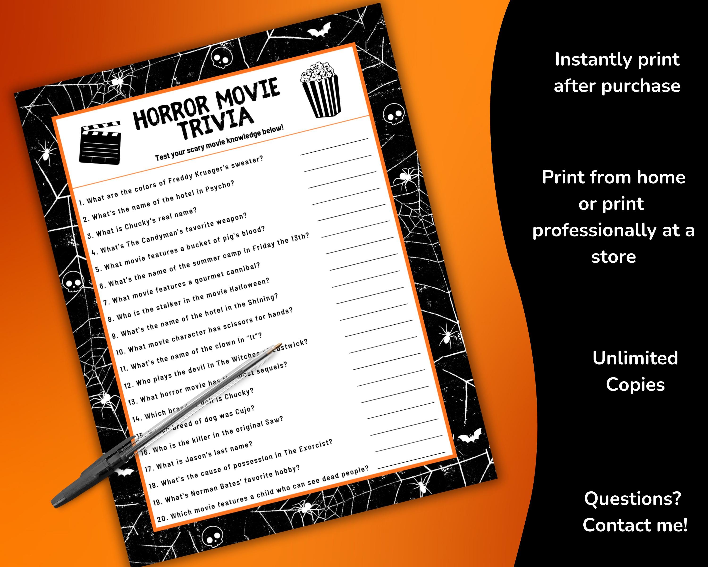 Horror Movie Trivia Printable Halloween Party Activity Instant Download ...