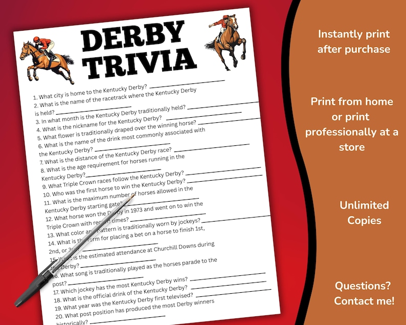 Printable Kentucky Horse Race Derby Trivia Game, Fun Derby Party ...