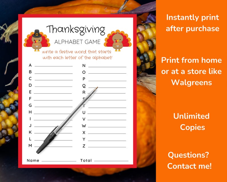 Thanksgiving Alphabet Game, A-Z Race Game, Family Thanksgiving Activity ...