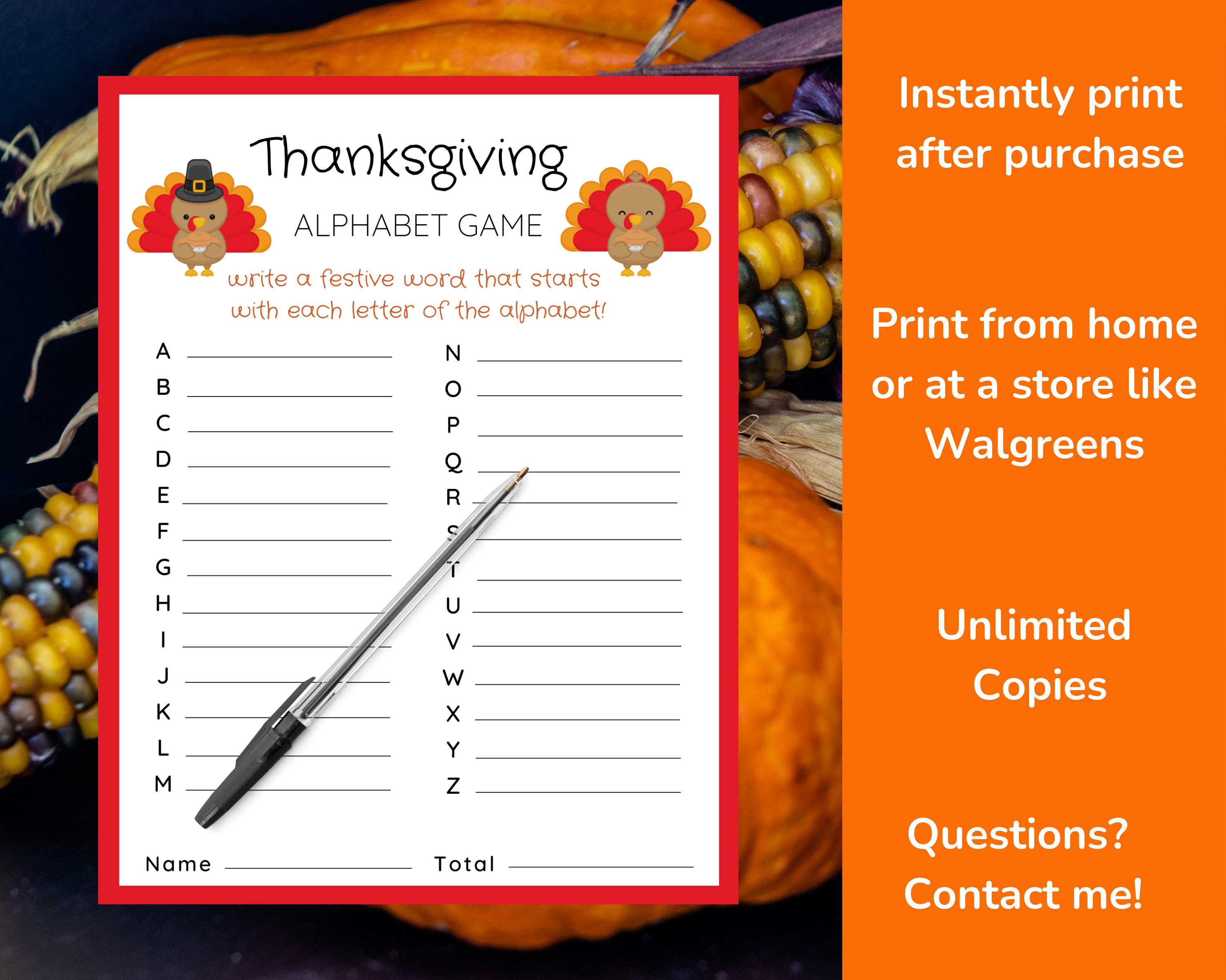 Thanksgiving Alphabet Game, A-Z Race Game, Family Thanksgiving Activity ...