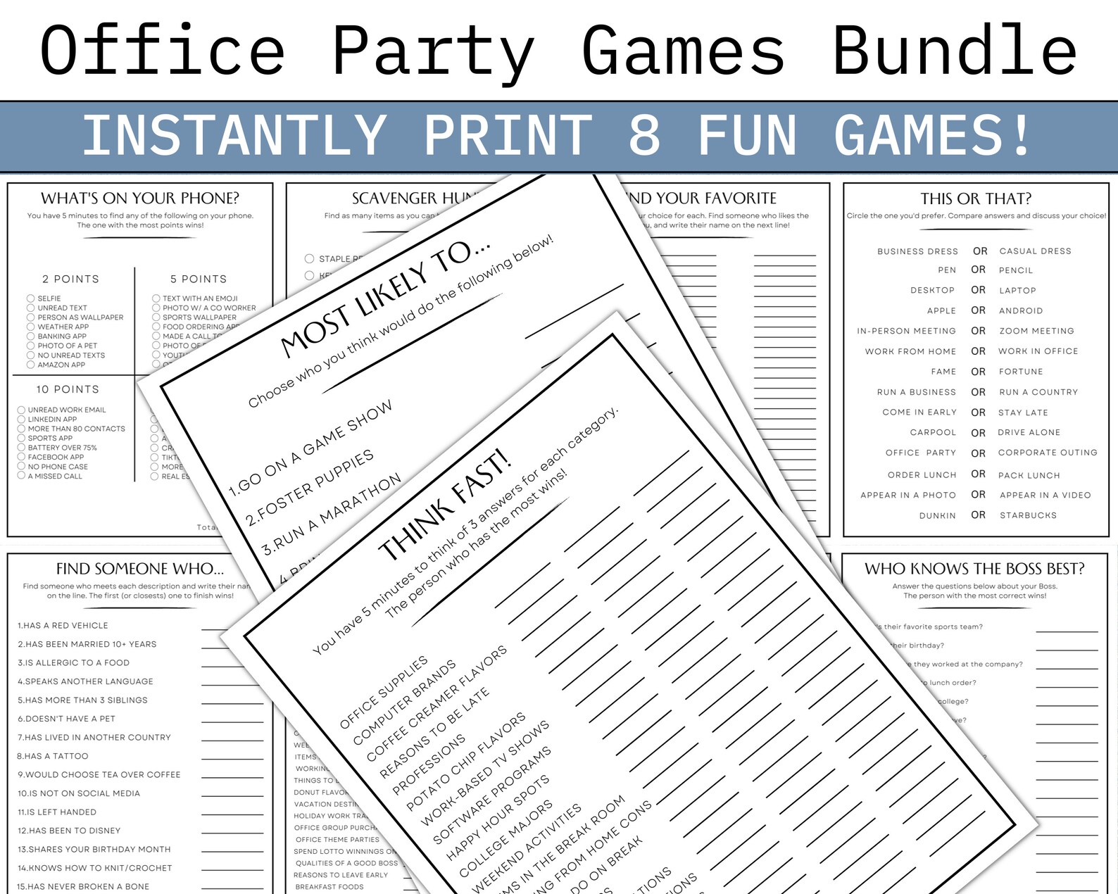Office Party Games Bundle Printable Games for Work Team Building ...