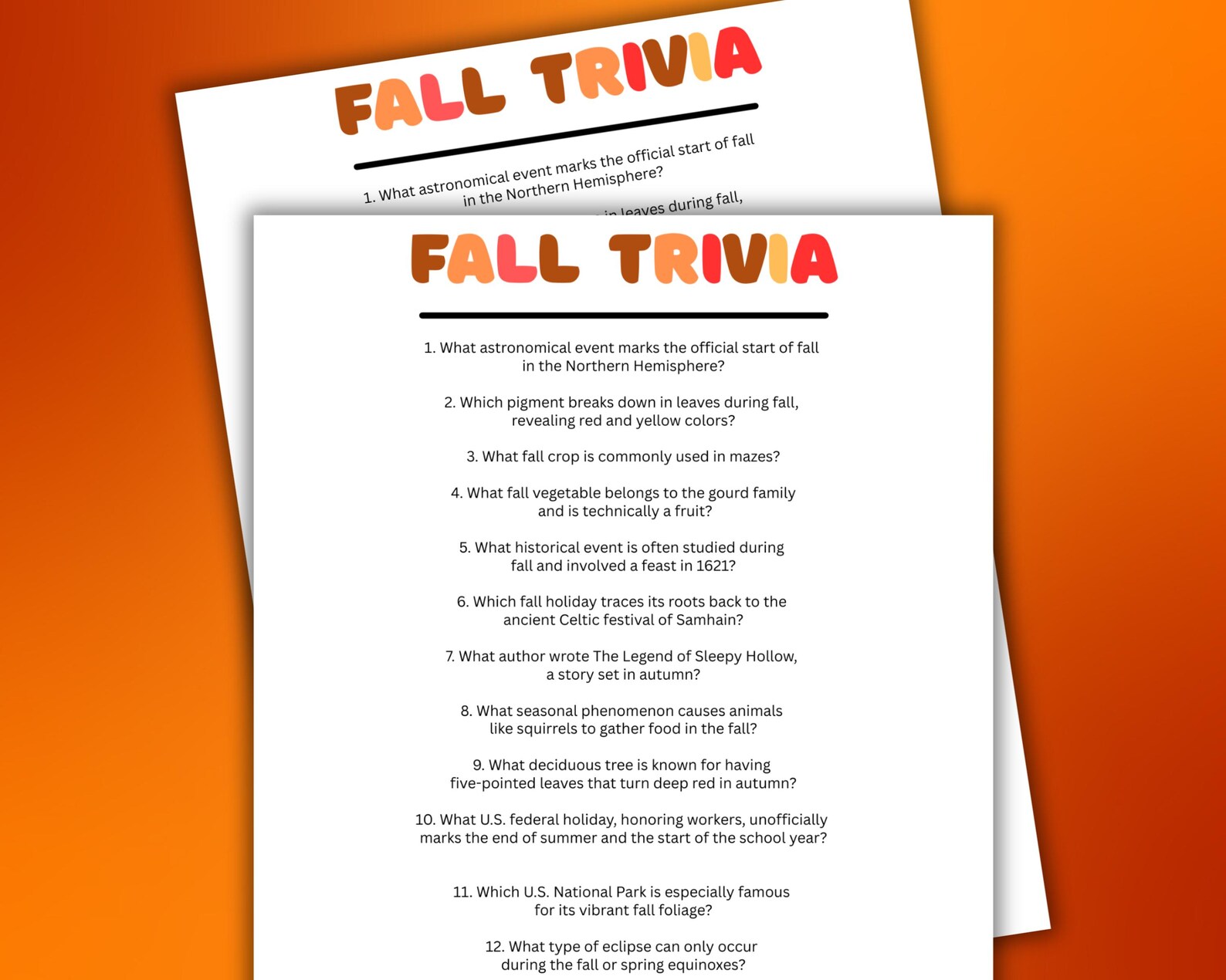 Printable Fall Trivia Game, Fall Game for Kids and Adults, Autumn ...