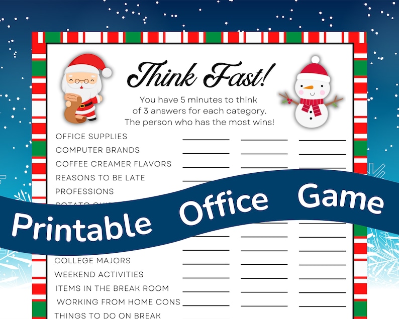 Christmas Holiday Office Party Think Fast Printable Game Download, Work Holiday Game for ...