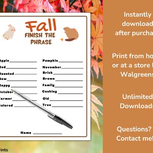 Fall Finish the Phrase-autumn Finish the Phrase-fall Family Game-autumn ...