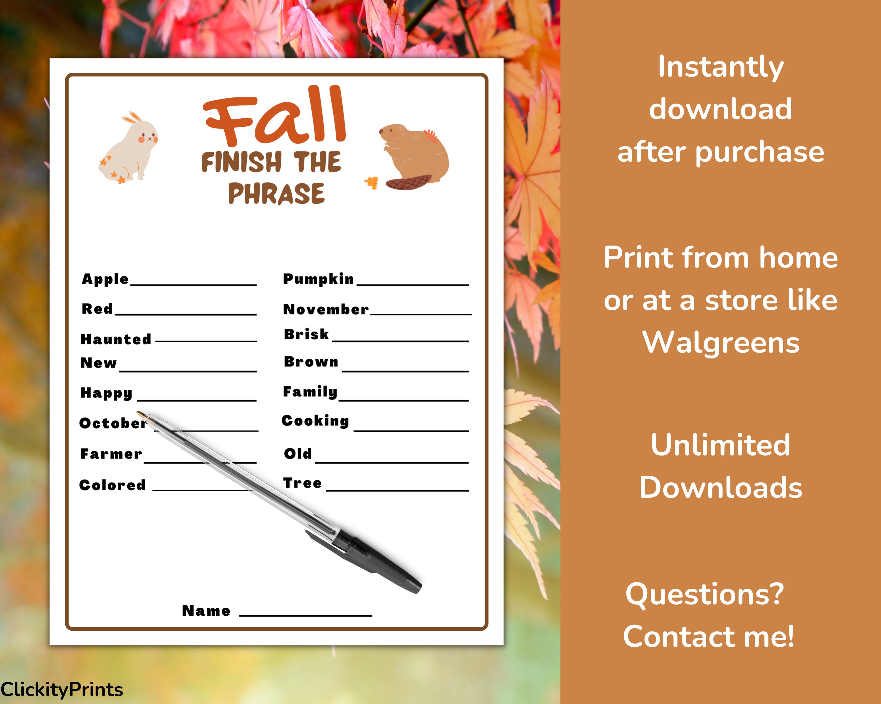 Fall Finish the Phrase-autumn Finish the Phrase-fall Family Game-autumn ...