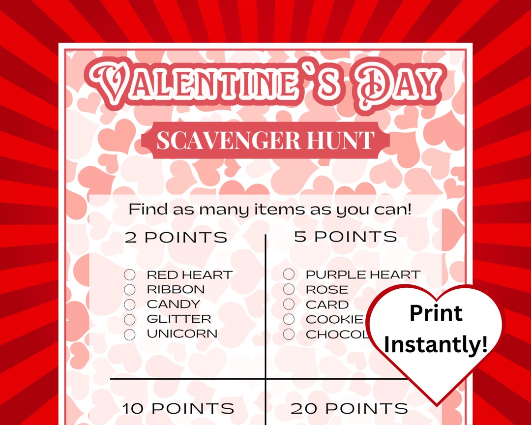 Printable Valentine's Day Scavenger Hunt for Kids & Adults, Valentine's ...