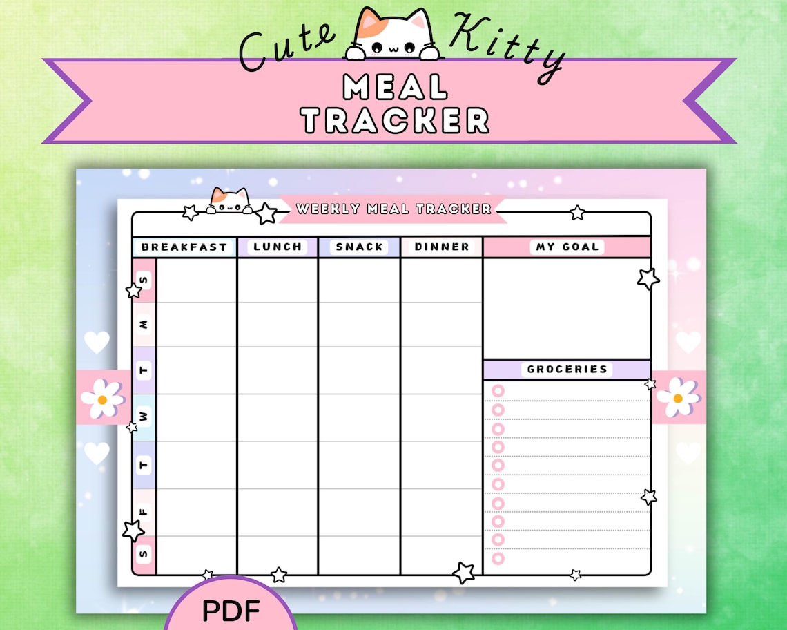 Printable Cute Kitty Meal Tracker, Digital Download Weekly Food Log ...