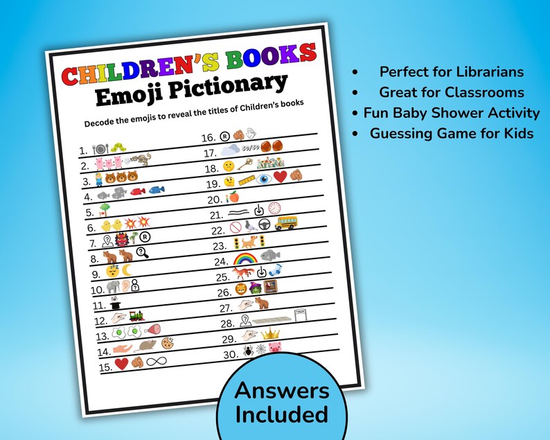 Children's Books Emoji Pictionary Game, Printable Kids Book Guessing ...
