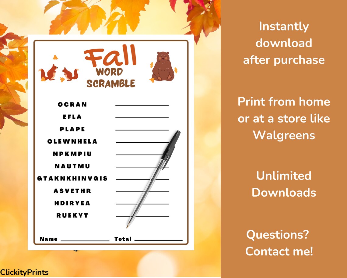 Fall Word Scramble-autumn Word Scramble-festive Word Scramble-fall ...
