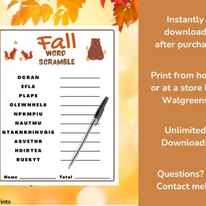 Fall Word Scramble-autumn Word Scramble-festive Word Scramble-fall ...