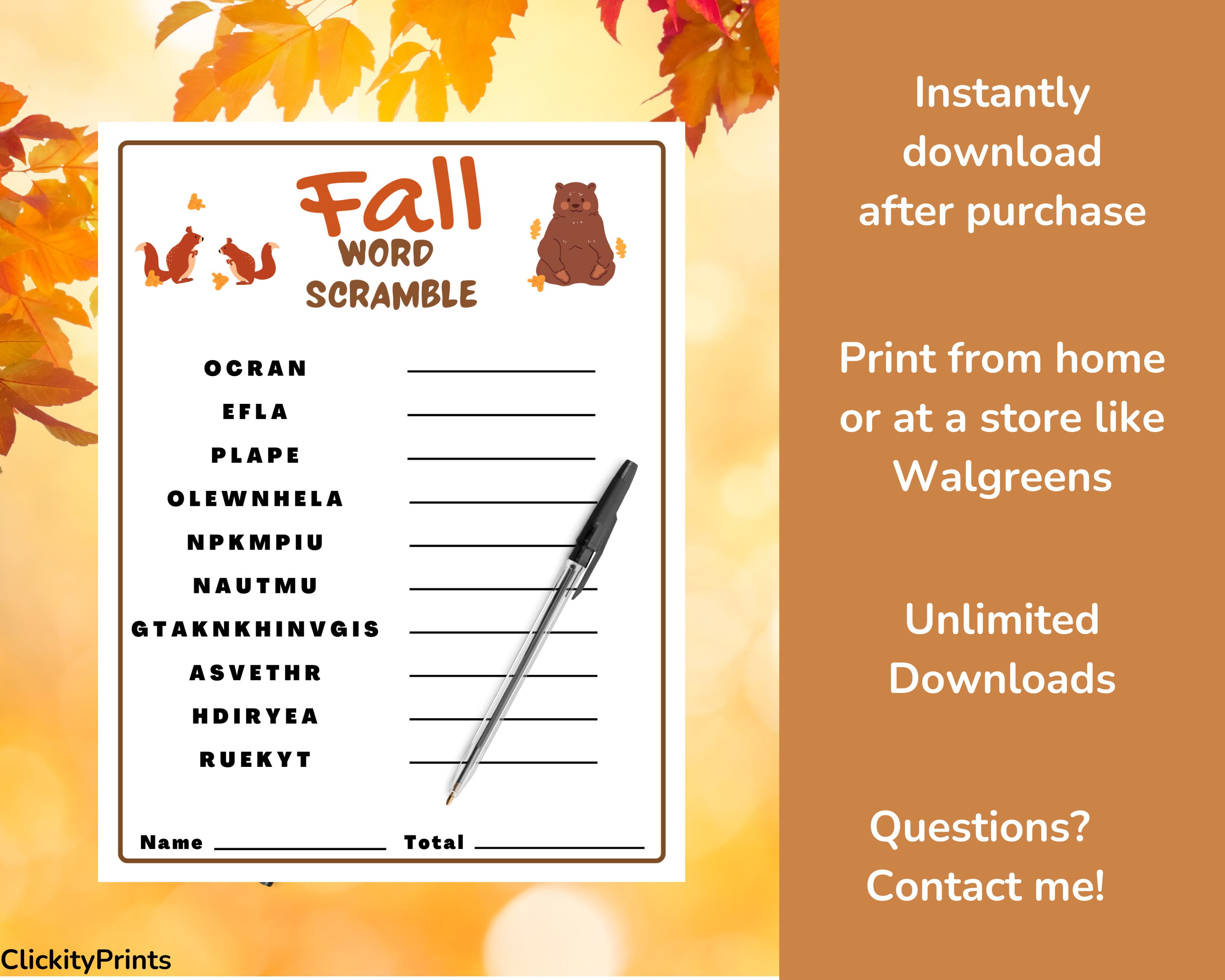 Fall Word Scramble-autumn Word Scramble-festive Word Scramble-fall ...