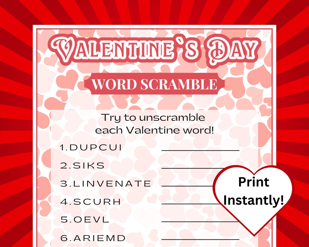 Printable Valentine's Day Word Scramble for Kids & Adults, Valentine's ...