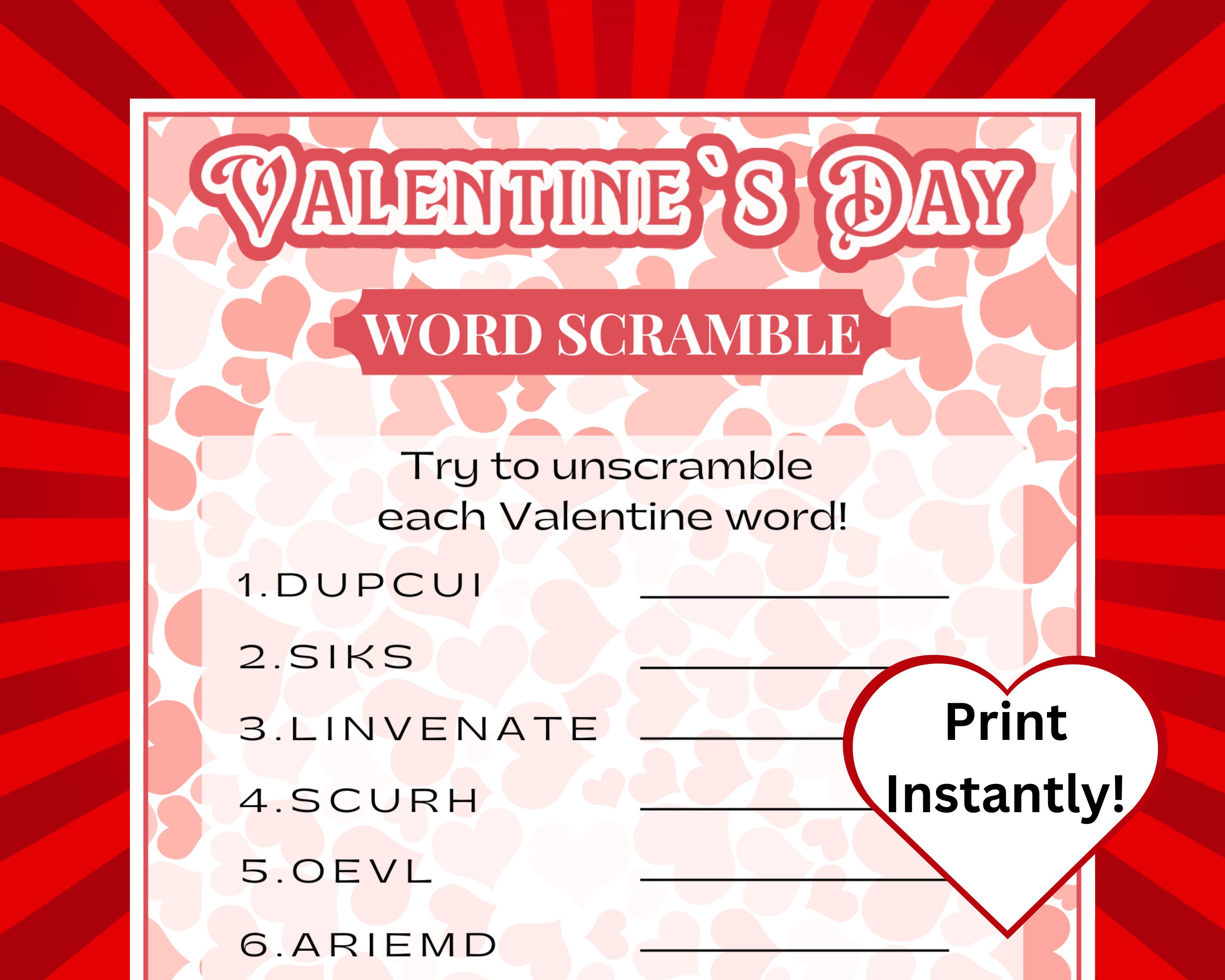 Printable Valentine's Day Word Scramble for Kids & Adults, Valentine's ...