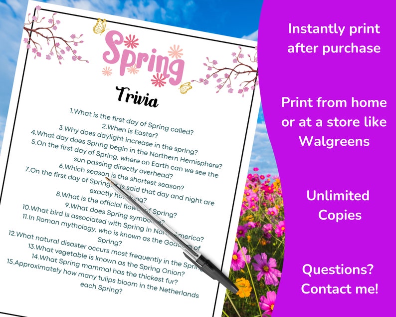 Printable Spring Trivia and Answer Key for Kids & Adults, Classroom ...
