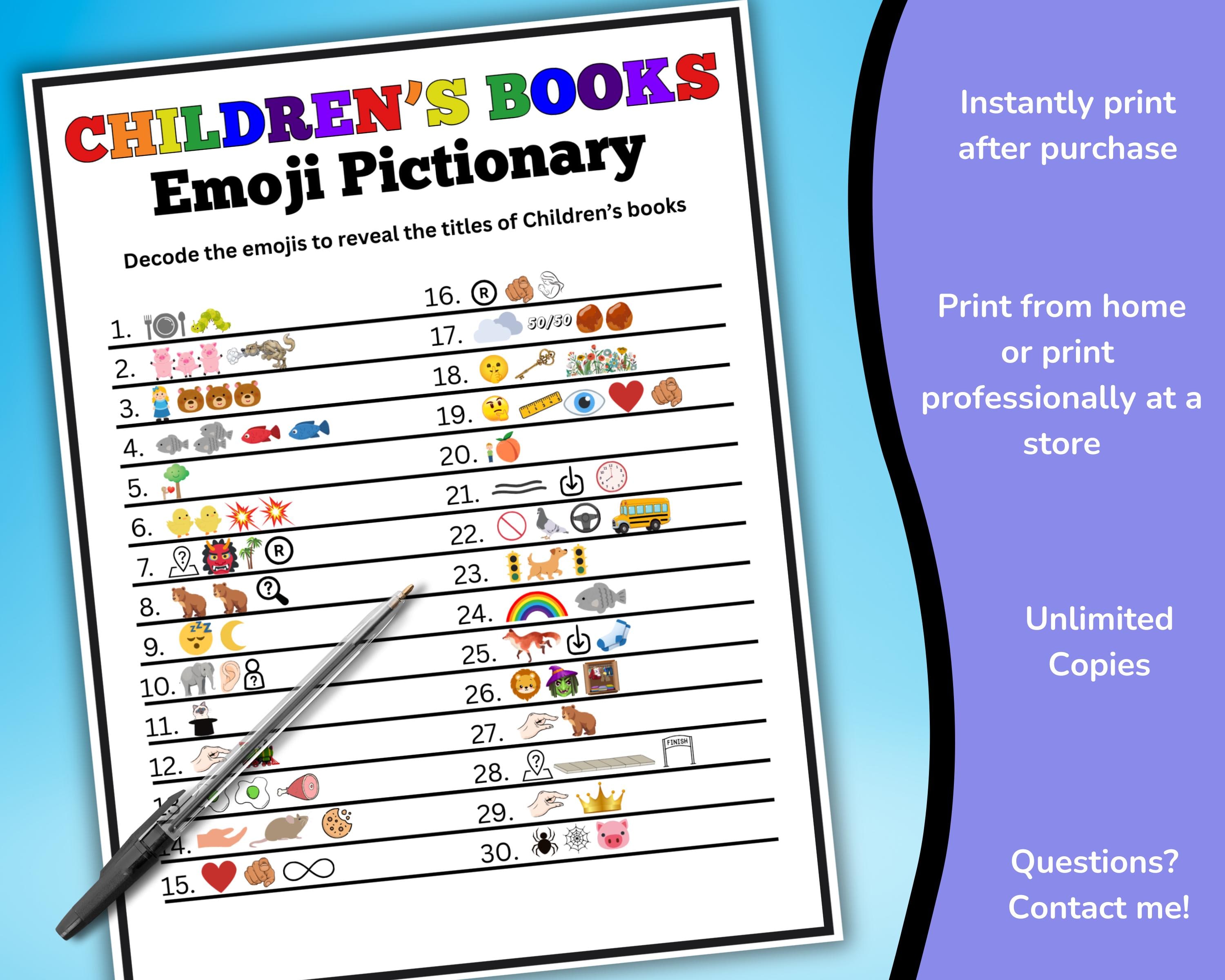 Children's Books Emoji Pictionary Game, Printable Kids Book Guessing ...