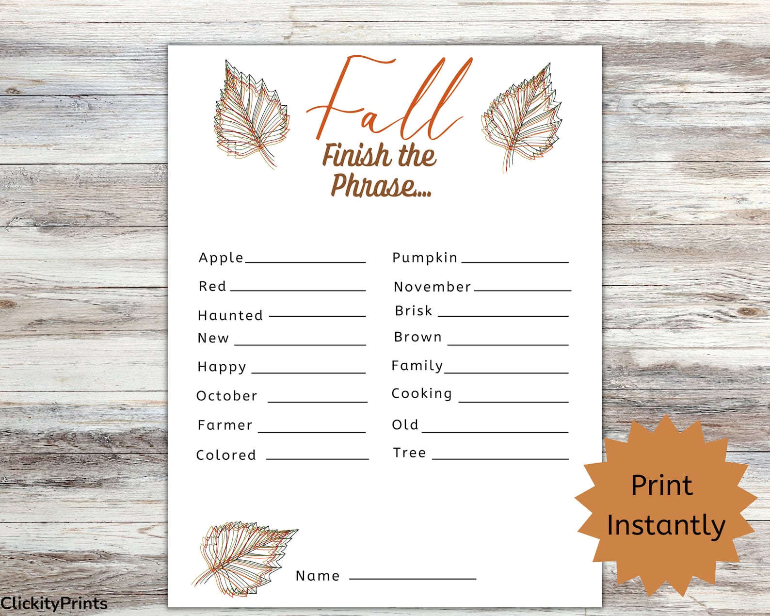 Fall Finish the Phrase-autumn Finish the Phrase-fall Family Game-autumn ...