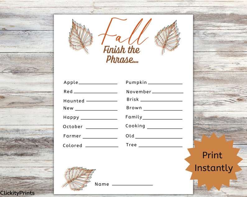 Fall Finish the Phrase-autumn Finish the Phrase-fall Family Game-autumn ...