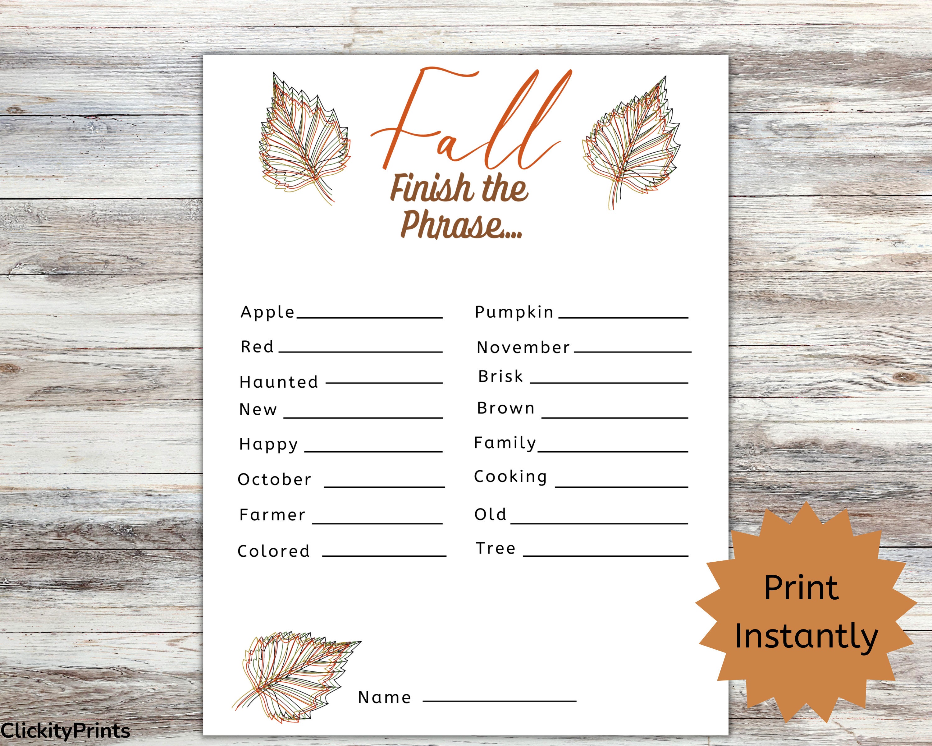 Fall Finish the Phrase-autumn Finish the Phrase-fall Family Game-autumn ...