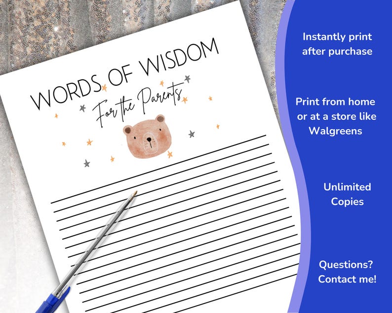 Printable Teddy Bear Baby Shower Words of Wisdom Letter Unisex for Boy ...