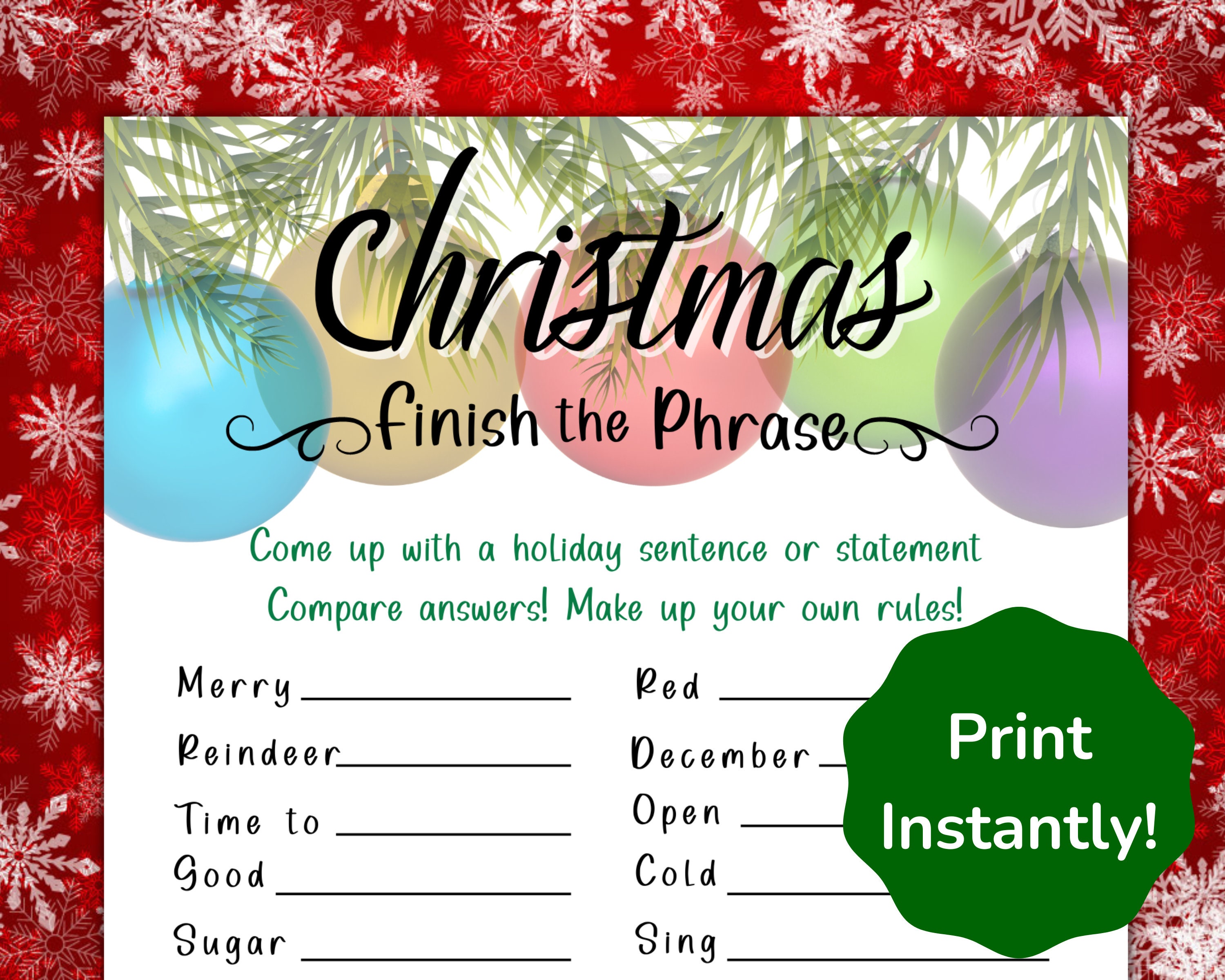Christmas Finish the Phrase Game, Christmas Eve Game for Kids & Adults ...