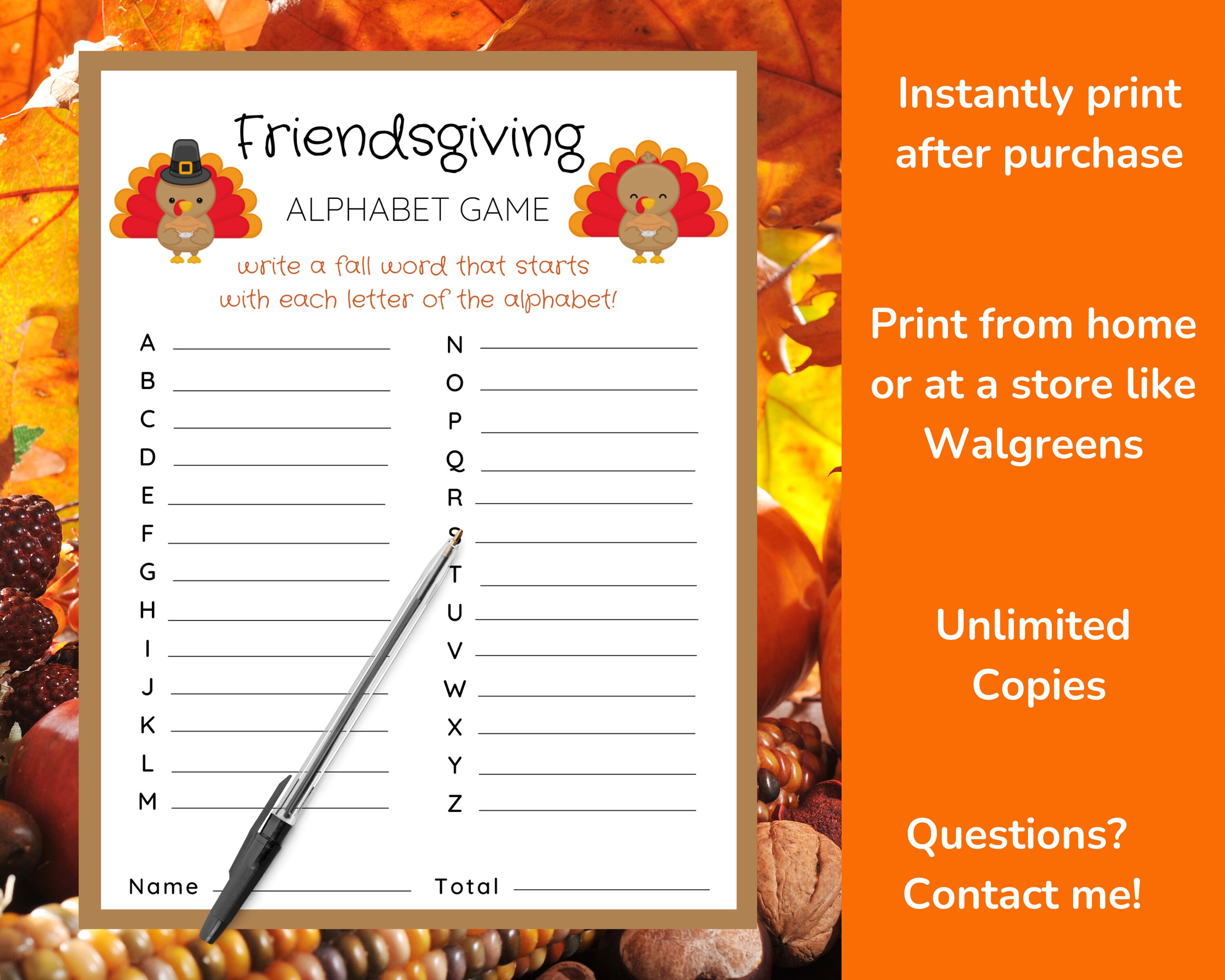 Friendsgiving Games-thanksgiving Games-alphabet Game-a-z Game-fall ...