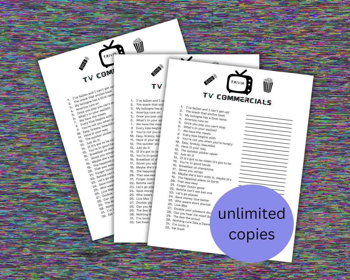 TV Commercial Trivia Game, Printable TV Tagline Quiz, Game Day ...