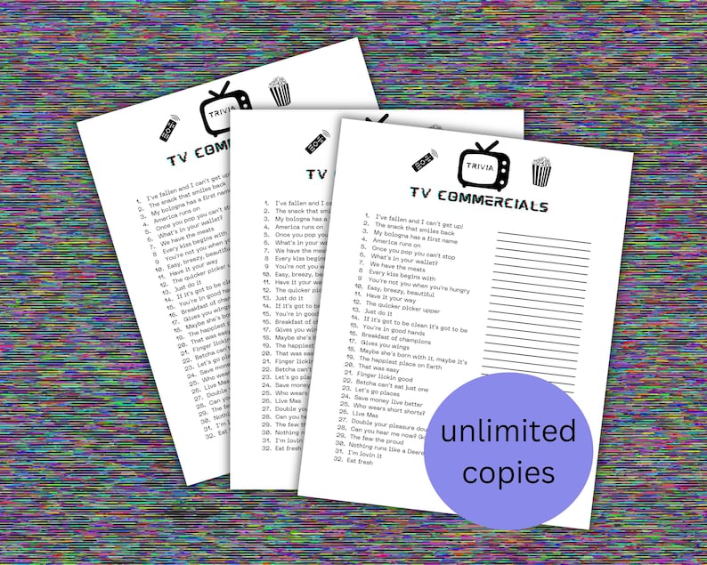TV Commercial Trivia Game, Printable TV Tagline Quiz, Game Day ...