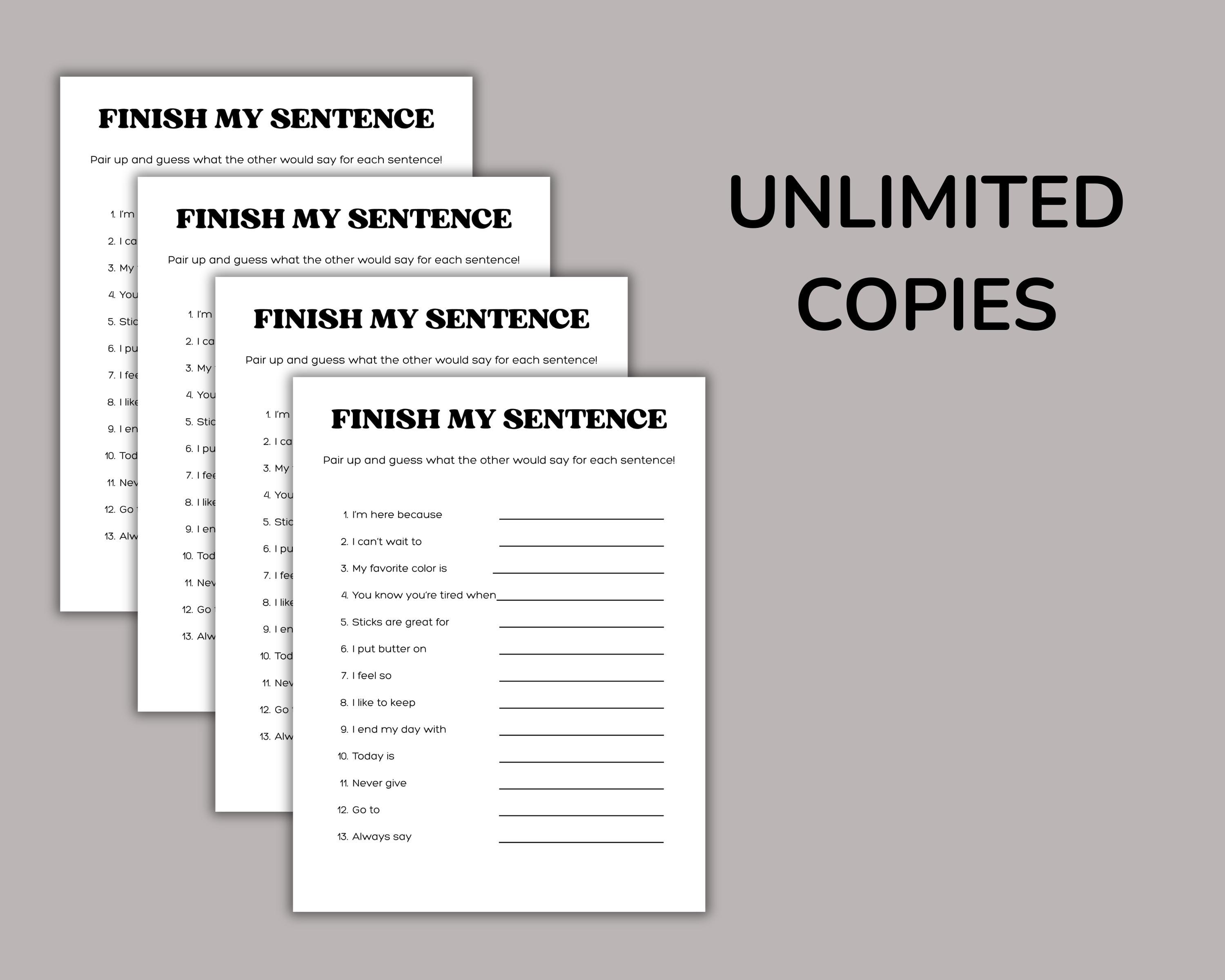 Finish My Sentence Game, Printable Group Game, Party Game, Office Game ...