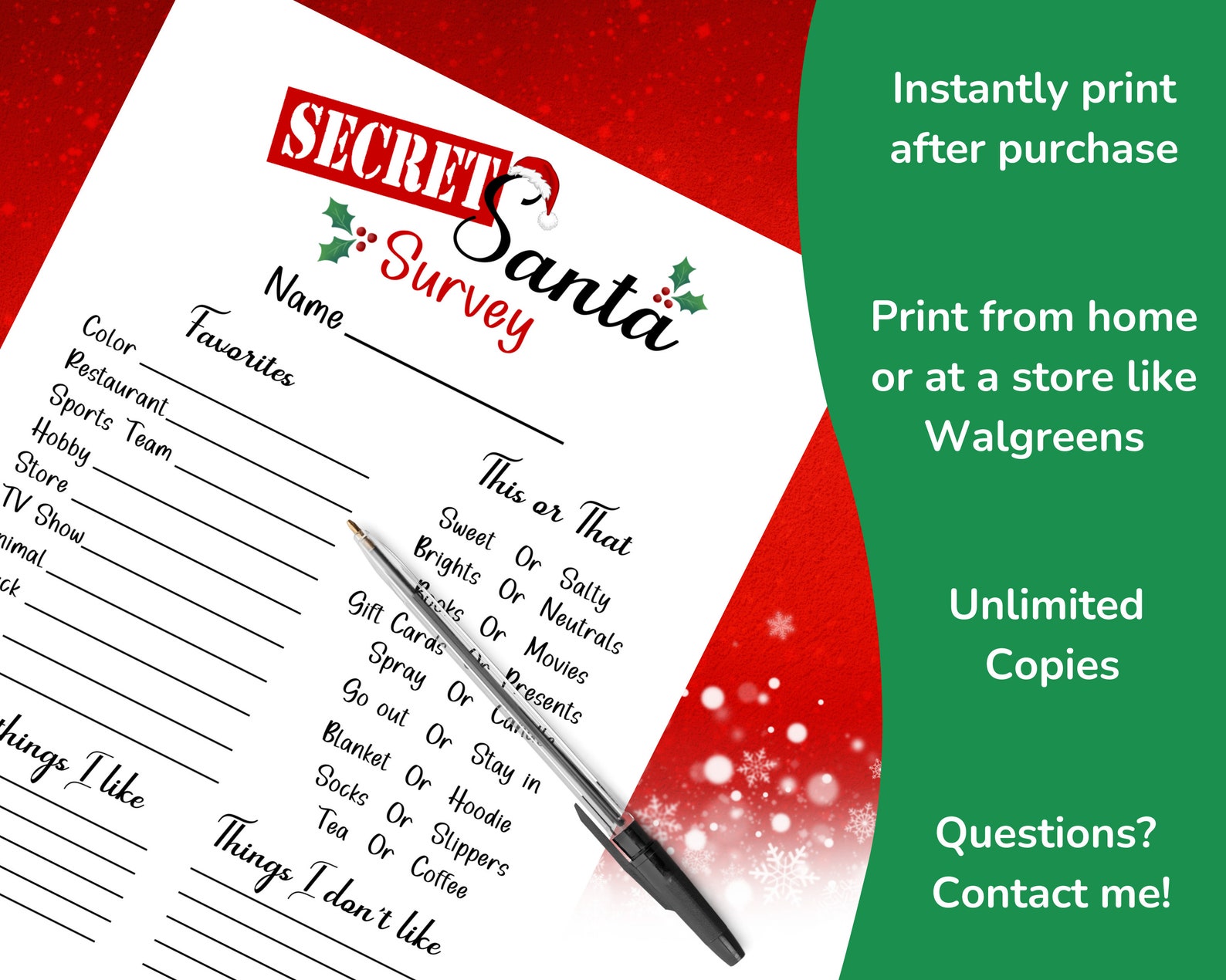 Secret Santa Survey Questionnaire for Kids Adults and Coworkers ...