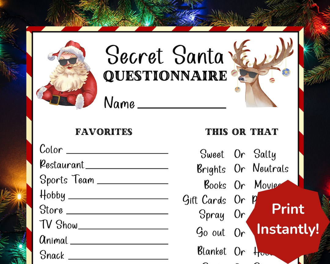 Secret Santa Questionnaire, Secret Santa Survey, Gift Exchange for Work ...