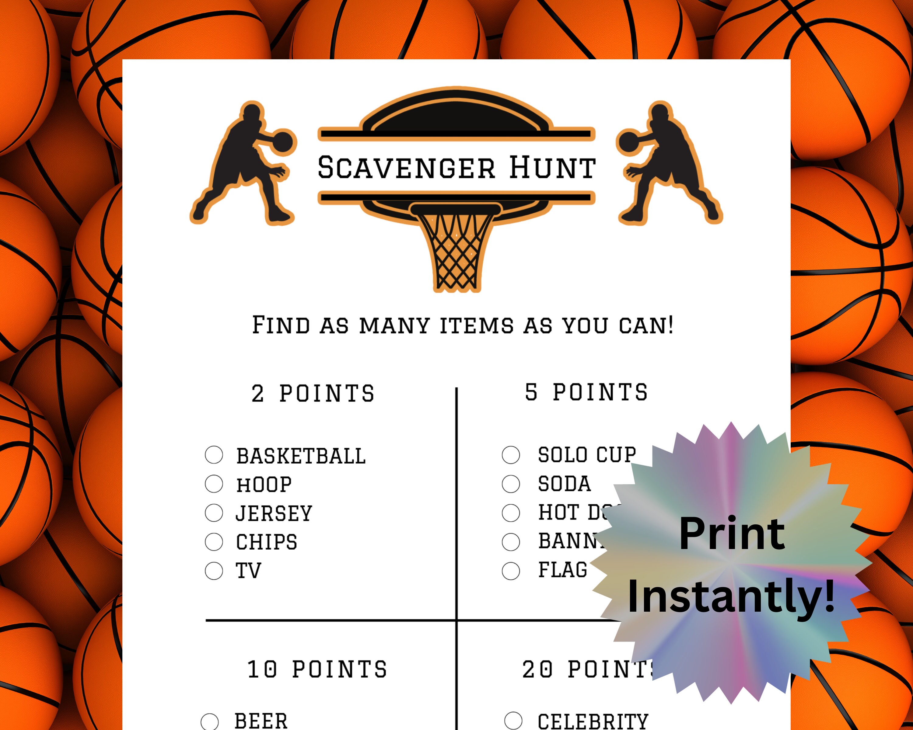 Printable March Basketball Madness Scavenger Hunt, Party Ideas, Ice ...