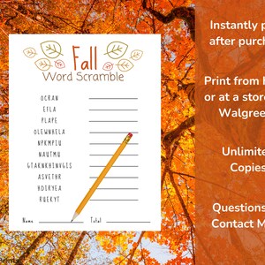 Fall Word Scramble-autumn Word Scramble-festive Word Scramble-family ...